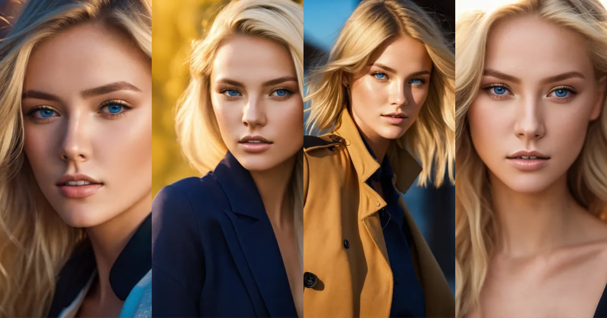 Lexica - Portrait blonde fashion model. Blue eyes. Blond Hair & Black ...