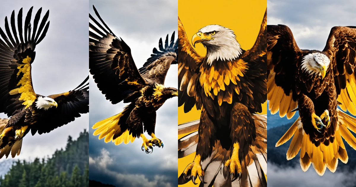 Lexica - Strong and power yellow and black eagle flying in a white sky