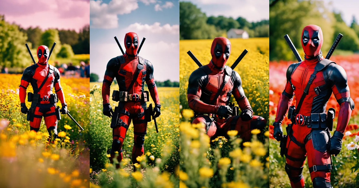 Lexica - Happy Deadpool standing in a beautiful field of flowers ...