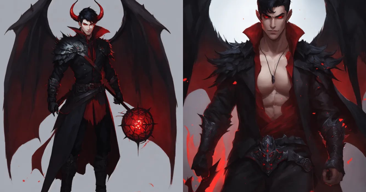 Lexica - A handsome half demon man with huge bat wings, red eyes and ...