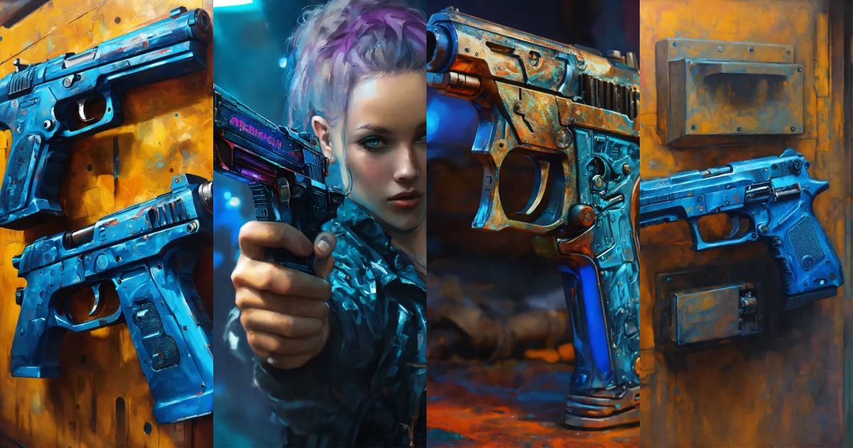 Lexica - Cyberpunk handgun Metalic gun blue gritty realistic oil ...