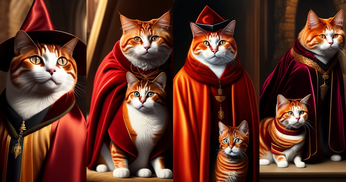 Lexica - Ginger cat with gryffindor robe and the cat is in hogwarts