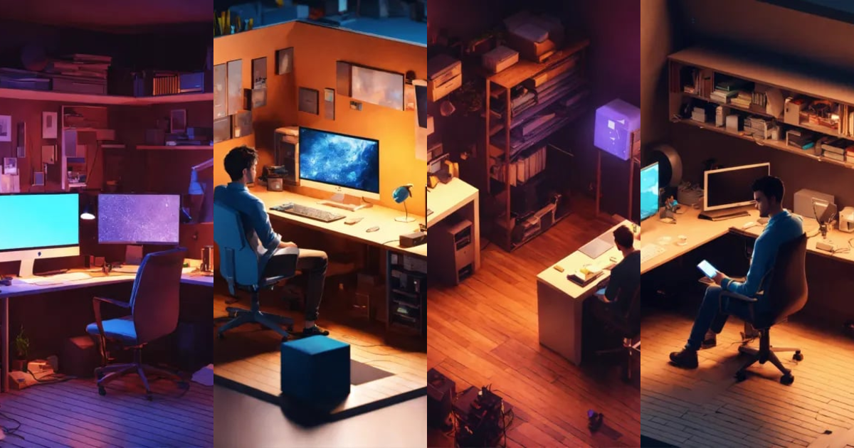 Lexica - Cube cutout of a messy room with a programmer in front of his ...