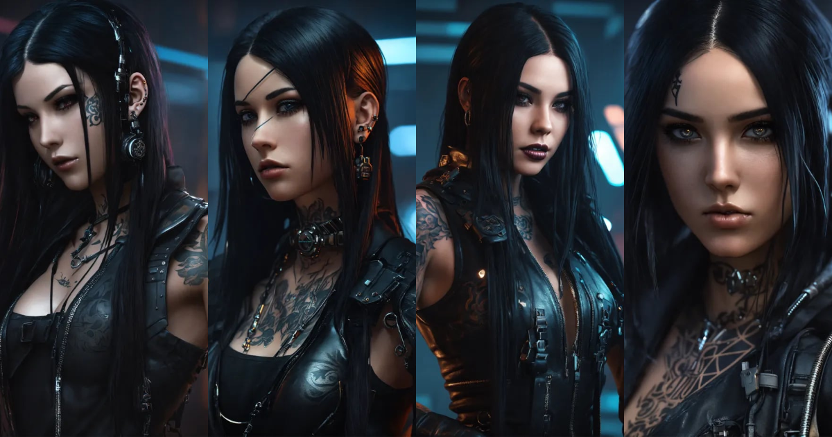 Lexica - Goth girl with long black hair, tattooed, piercing, complex ...