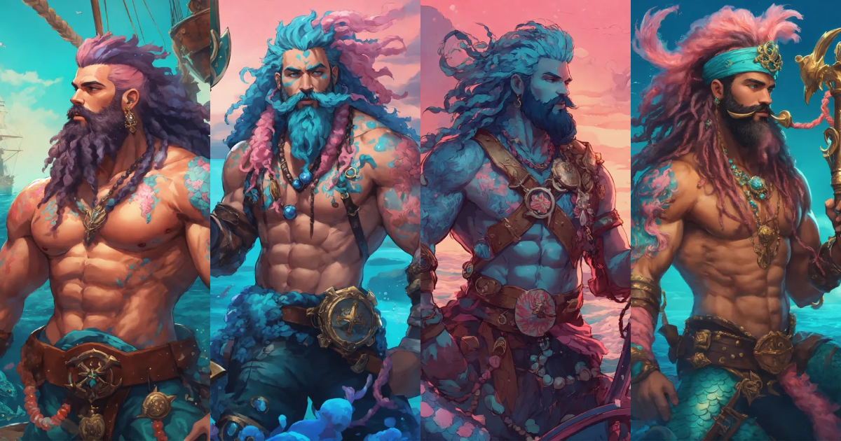 Lexica - A buff muscular Merman pirate with scales across his blue skin ...