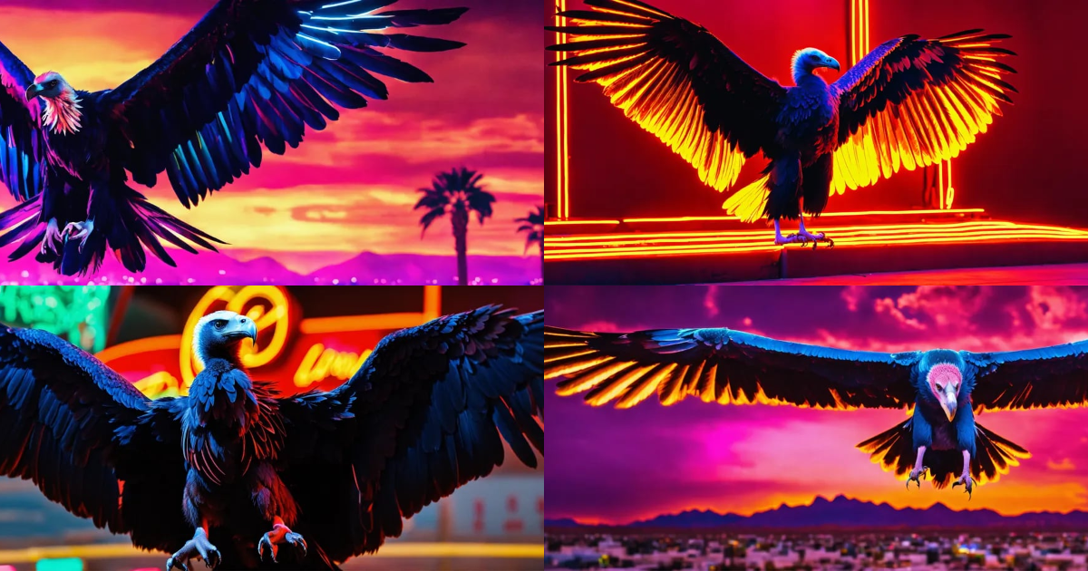 Lexica - Vulture with outstretched wing, neon light, las Vegas aesthetic
