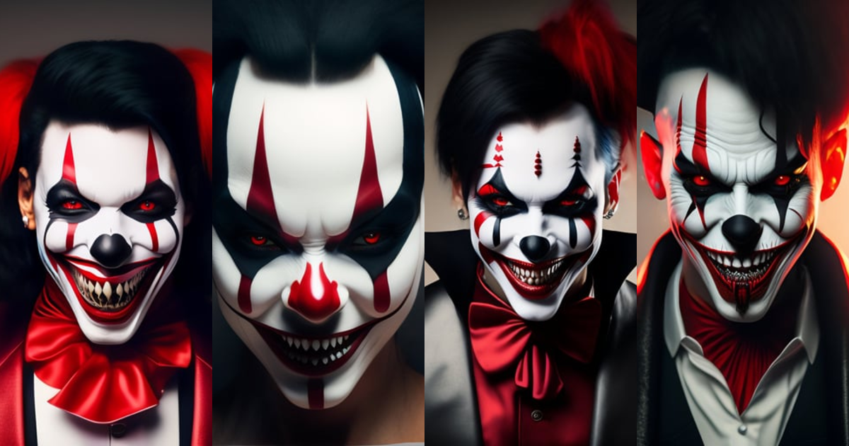 Lexica - Thin and chic terrifying clown with red eyes and black hair ...