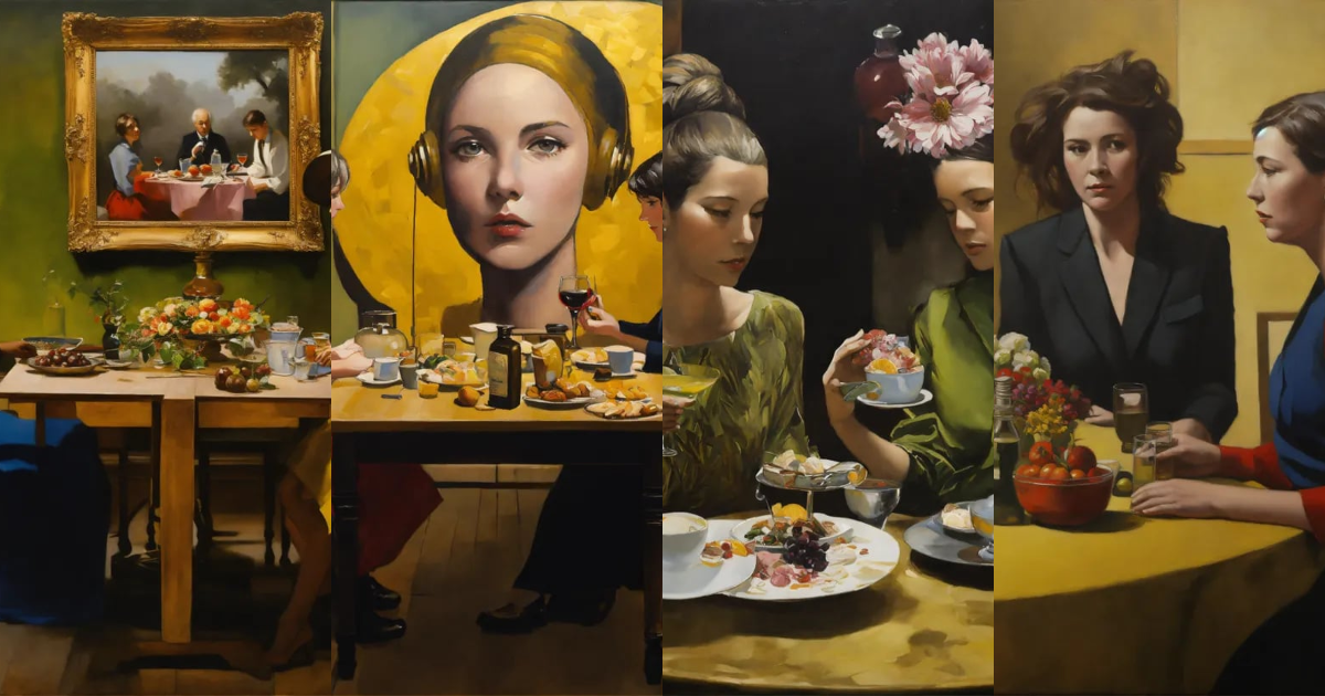 Lexica - 2 woman tallking in table in oil painting style charles jones ...