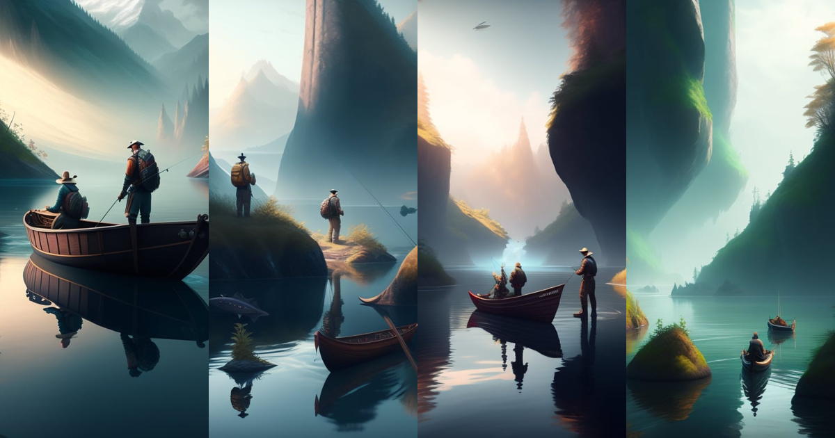 Lexica - 3 friends with fishing rods in a boat fishing in a hidden ...