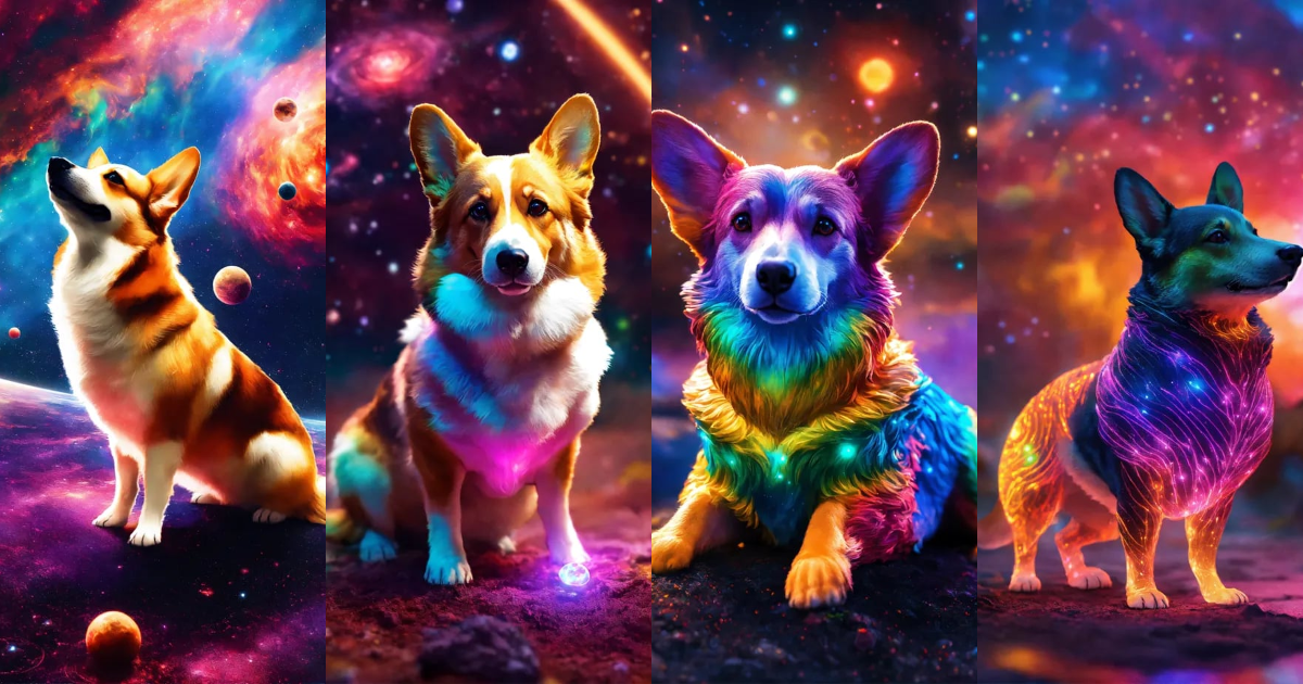 Lexica - The Cosmic Corgipede's multiple, glowing, cosmic-colored legs ...