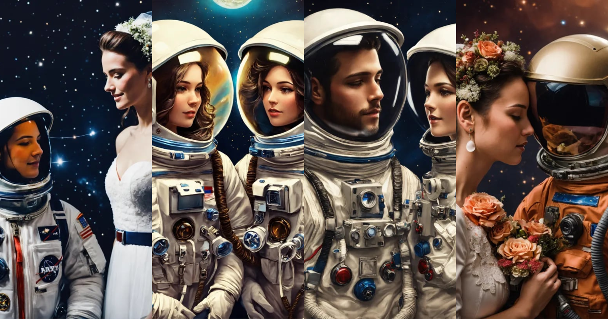 Lexica - Astronaut, realistic, the bride with astronaut helmet and groom