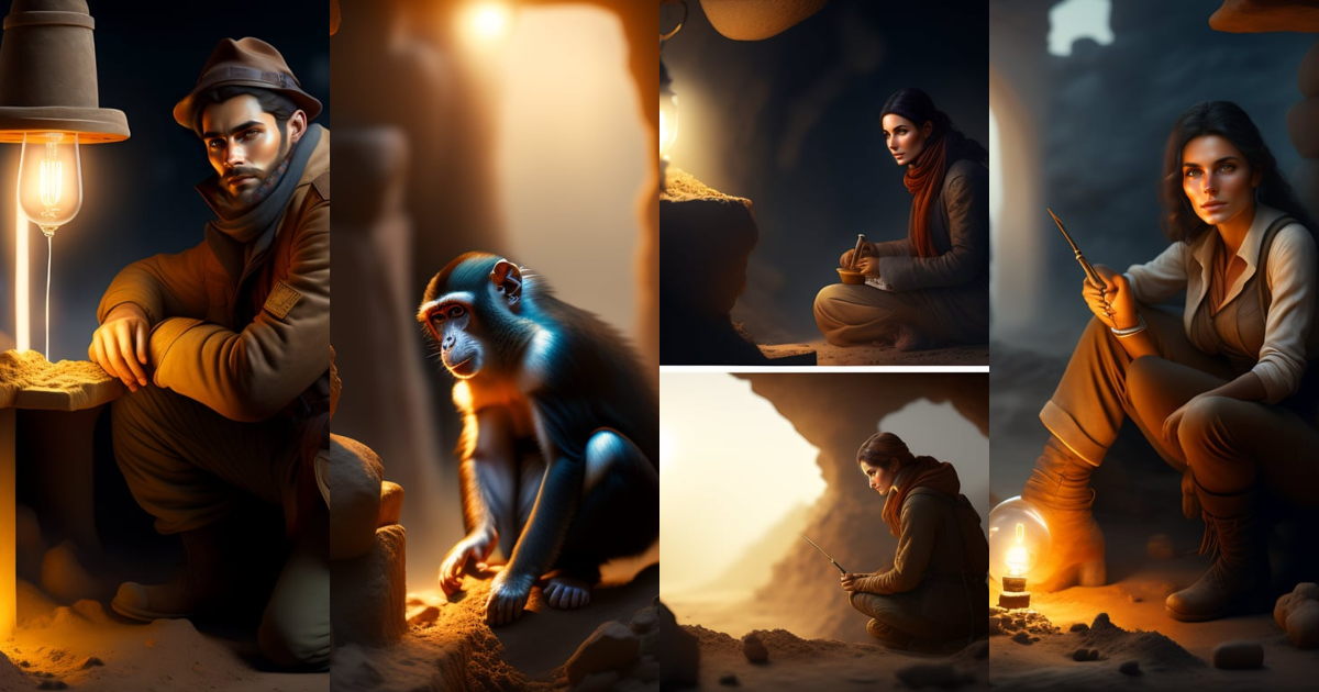 Lexica - Archaeologist studying excavations, monkey, night- key ...