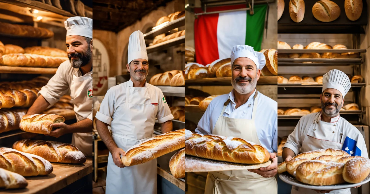 Lexica - Italian baker, holding a beautiful baguette in his bakery in ...