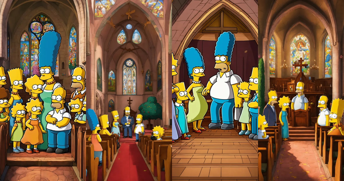 Lexica - The simpsons in a sect group in a church, hyper realiste