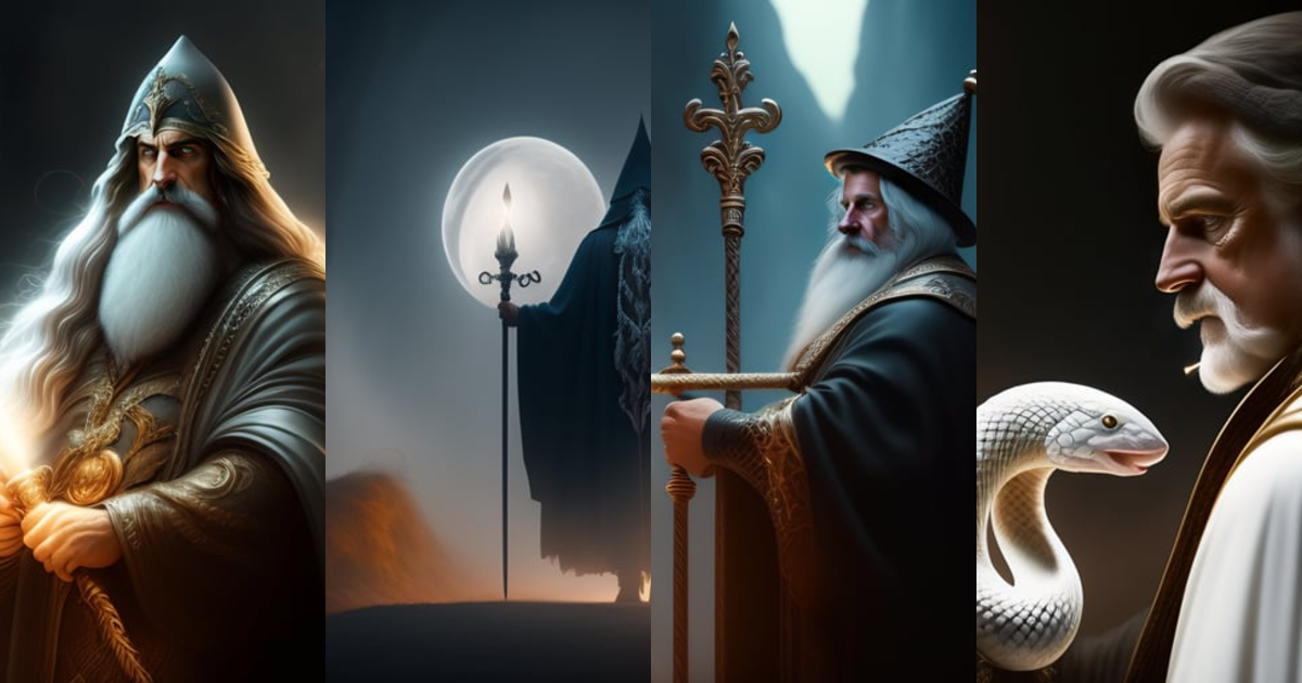 Lexica - One Greek wizard in dark robe hold a staff that has a white ...