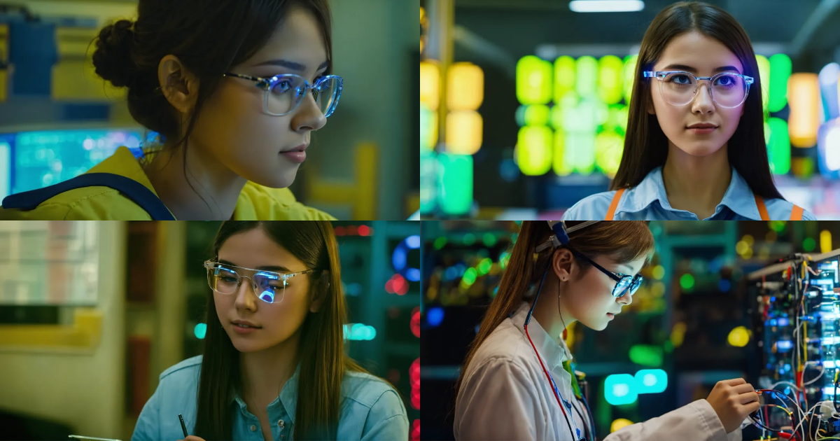 Lexica - Electronic engineer girl holding clear glasses in her hand, side shot