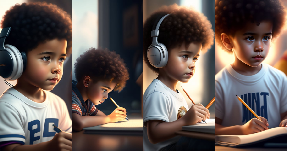 Lexica - A young kid writing on a notepad, white kid, curly hair ...