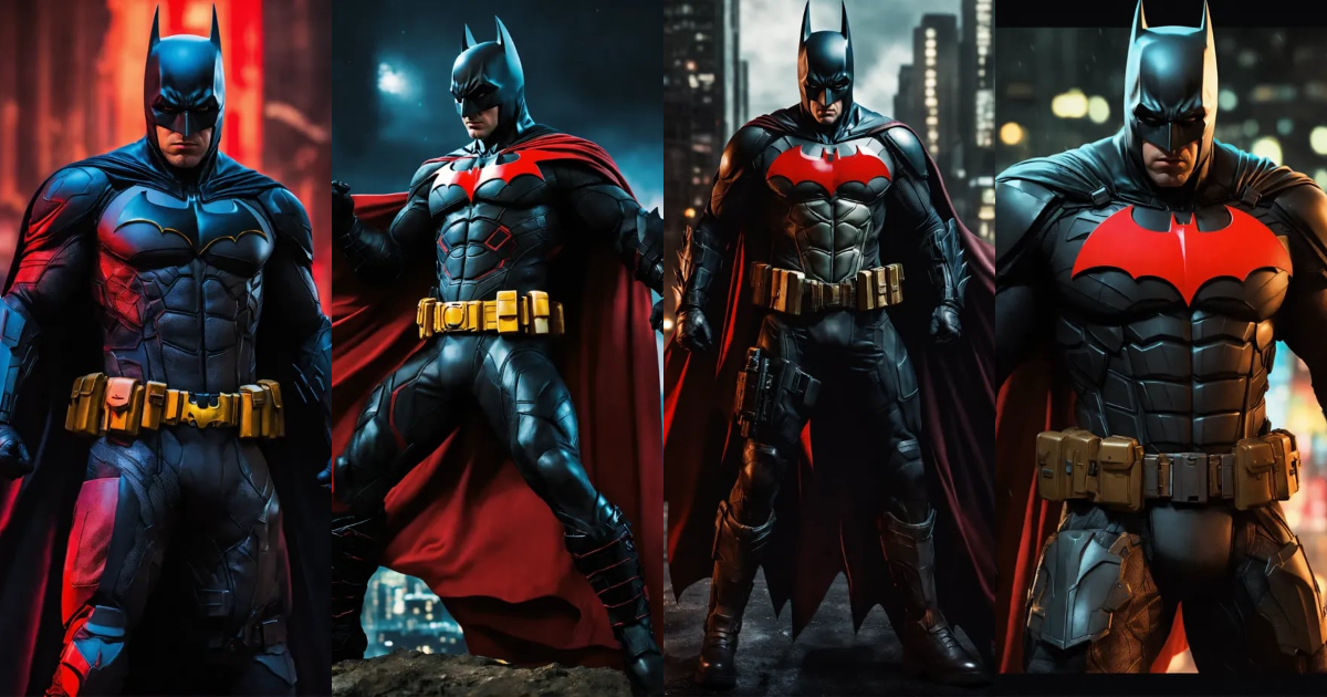 Lexica - Batman traje negro con rojo y arma en la mano realista HD pose ...