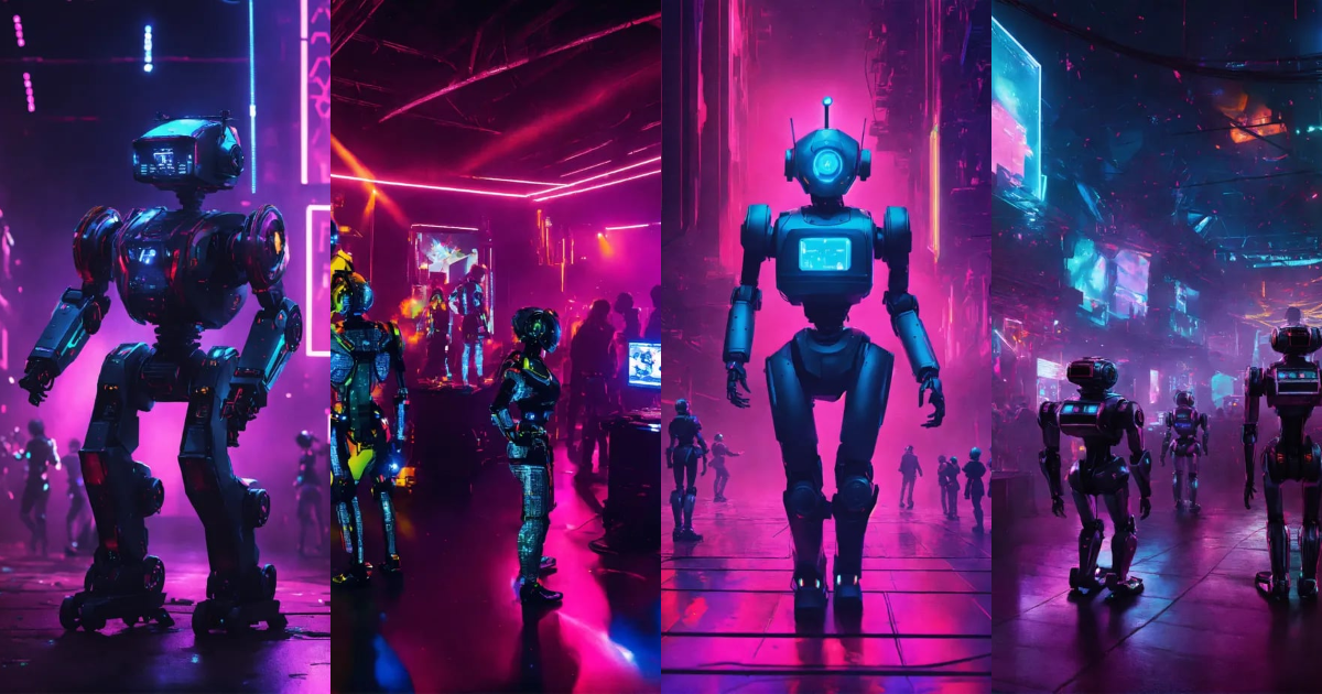 Lexica - Cyber rave dancing robots dark tones view distant view