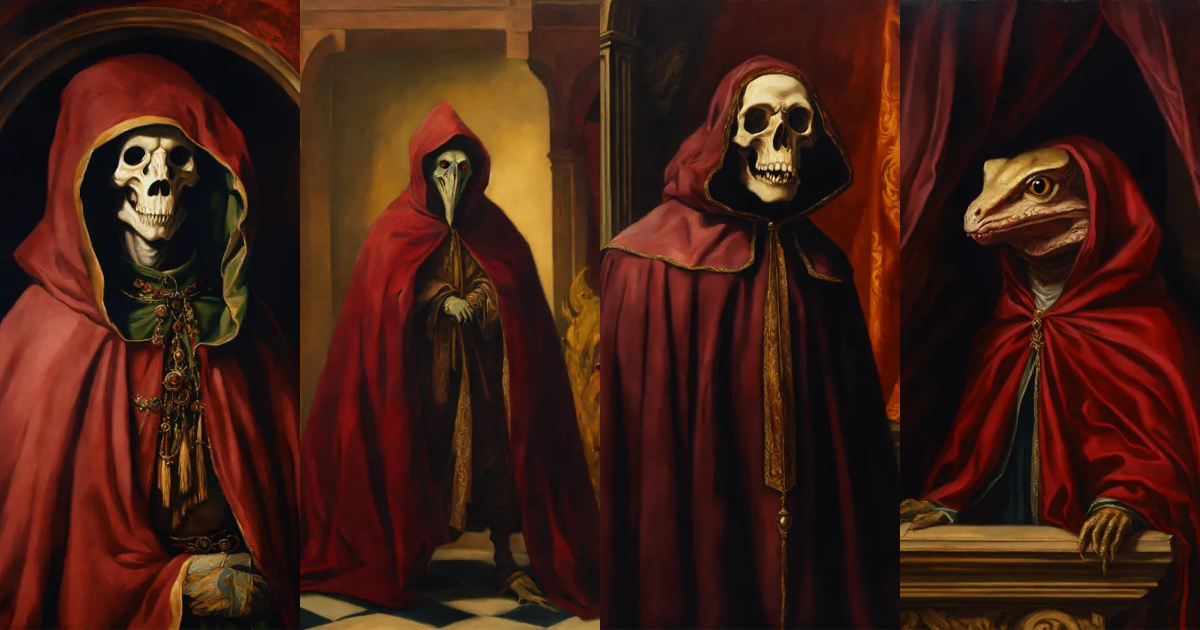 Lexica - Renaissance oil painting of a scary creature wearing a cloak ...