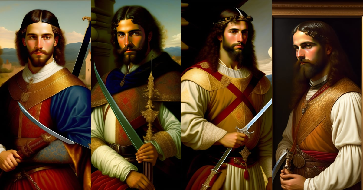 Lexica - Jacob Collins-Levy with sword in medieval style, detailed