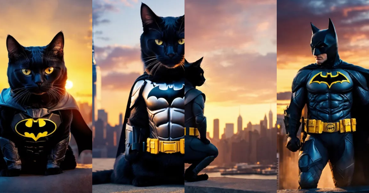 Lexica - A cat wearing a Batman suit at sunset fighting crime in New ...
