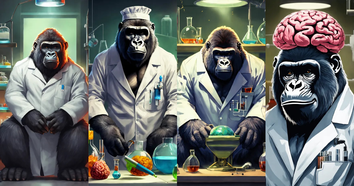 Lexica - Scientist gorilla with its big brain on top of its head, in a lab coat