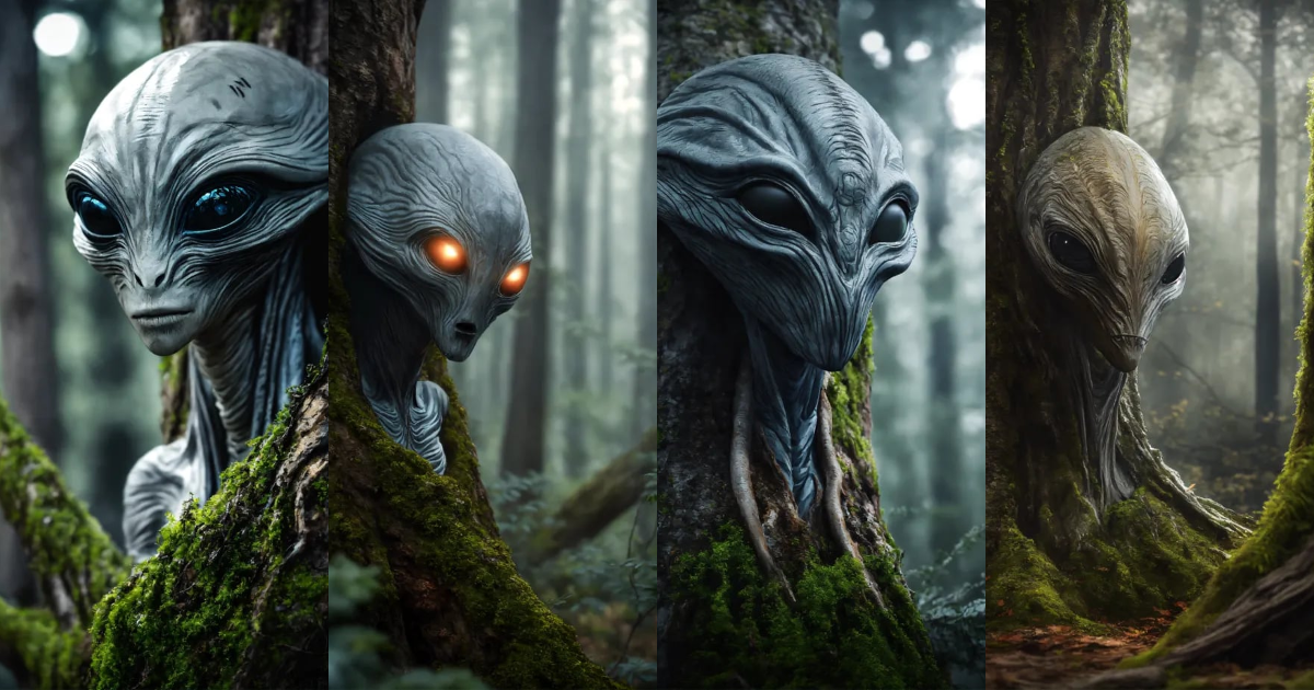 Lexica - Ominous Extraterrestrial alien grey peeking around a tree in ...