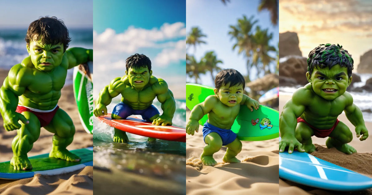 Lexica - Hulk super baby surfing on beach realistic clear focus camera