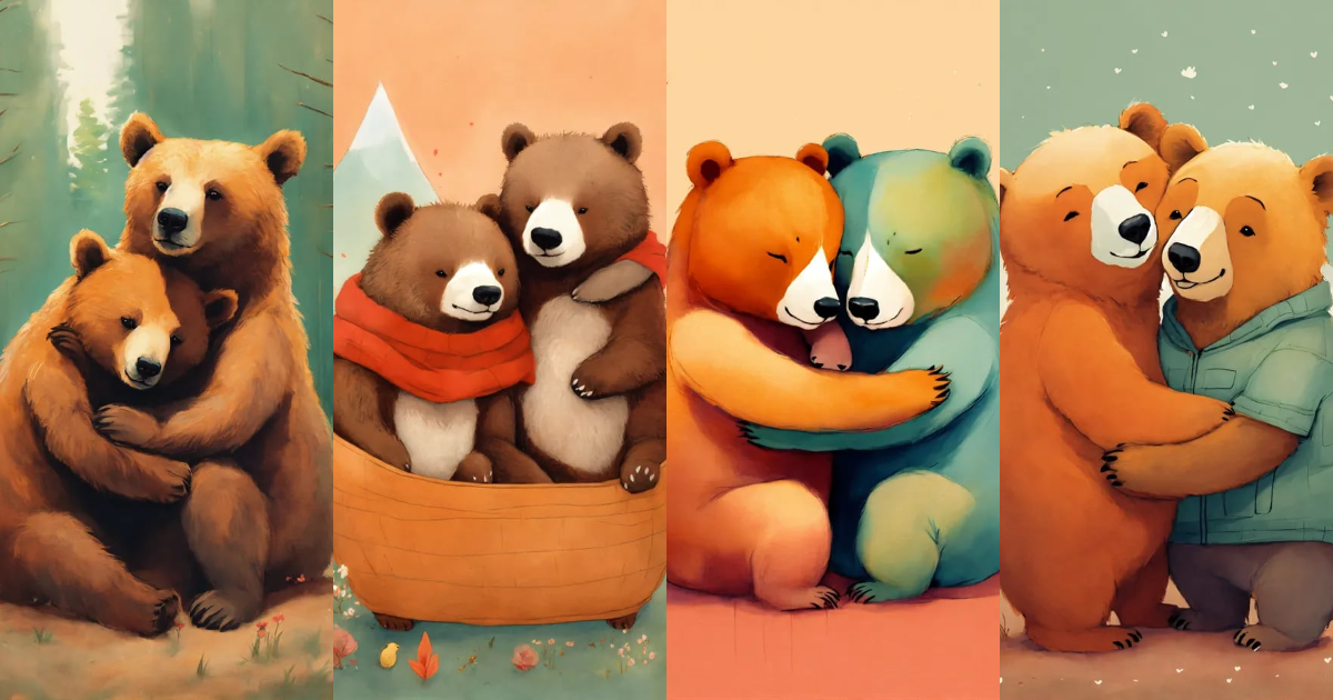 Lexica - Happy bears cuddling, cute critters, by oliver jeffers