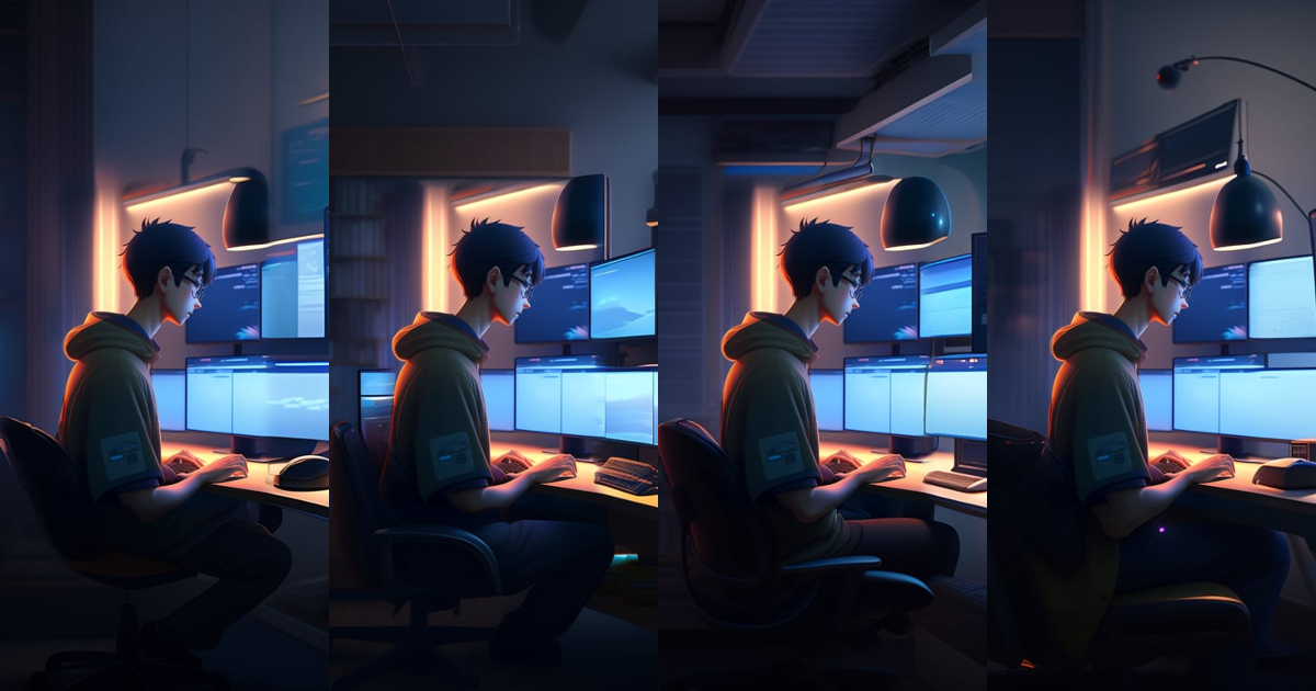 Lexica - A nerdy boy is programming at a computer in a room full of ...