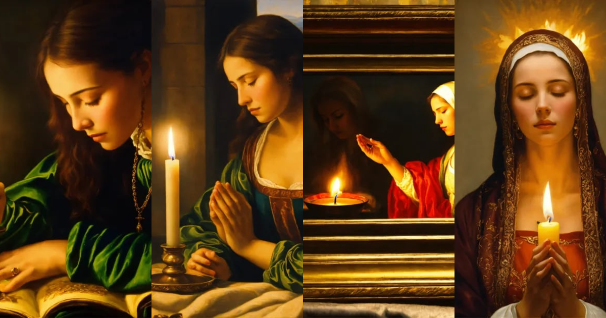 Lexica - Renaissance oil painting of a woman praying while holding a candle