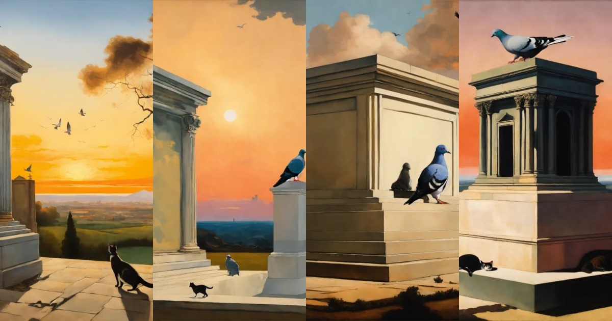 Lexica - Landscape with one pigeon hugging one cat on a huge tomb of ...