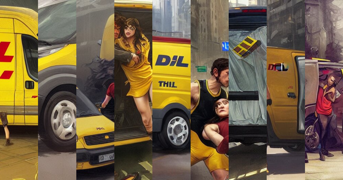 Lexica - Portrait of dhl courier wrestling with a girl in dhl van ...