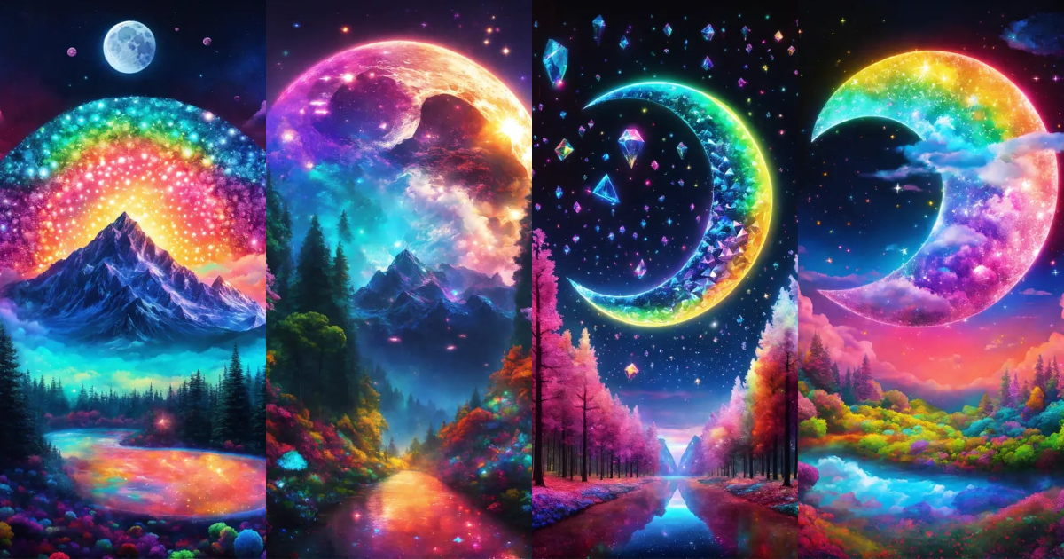 Lexica - Moon flying made of diamonds and glitter black rainbow neon ...