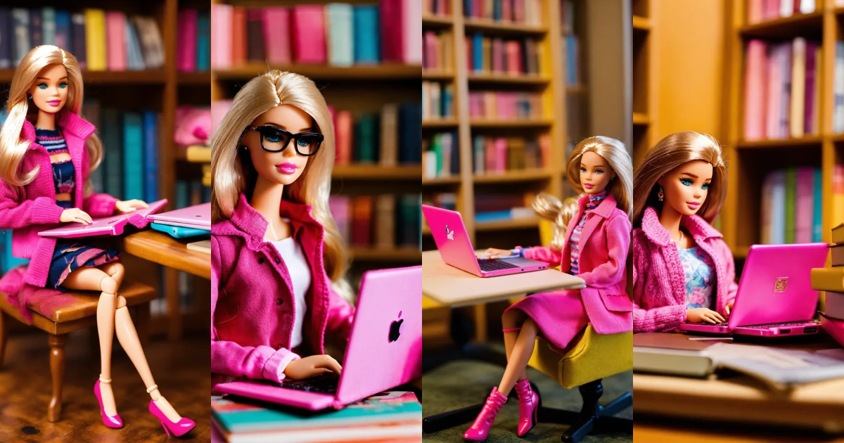 Lexica - Barbie dolls in the library, studying, with a pink laptop ...