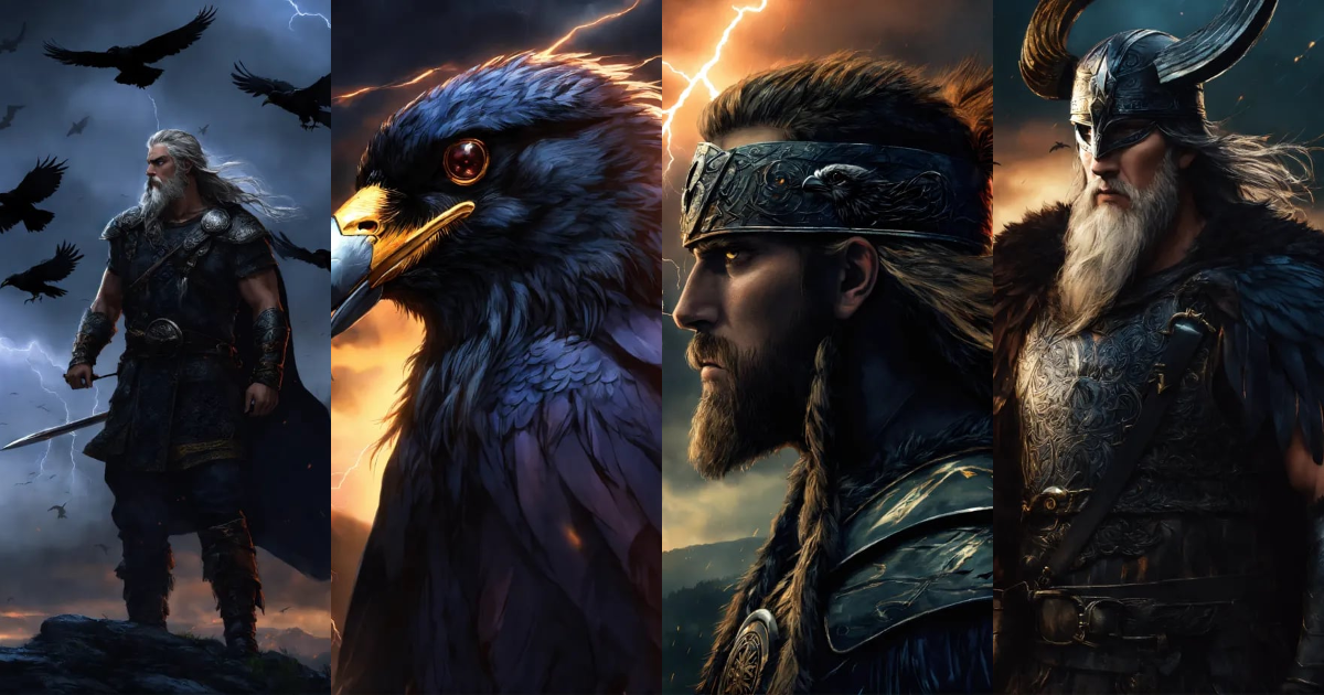 Lexica - Odin, one eye blind, 2 ravens, black bird background, dramatic ...