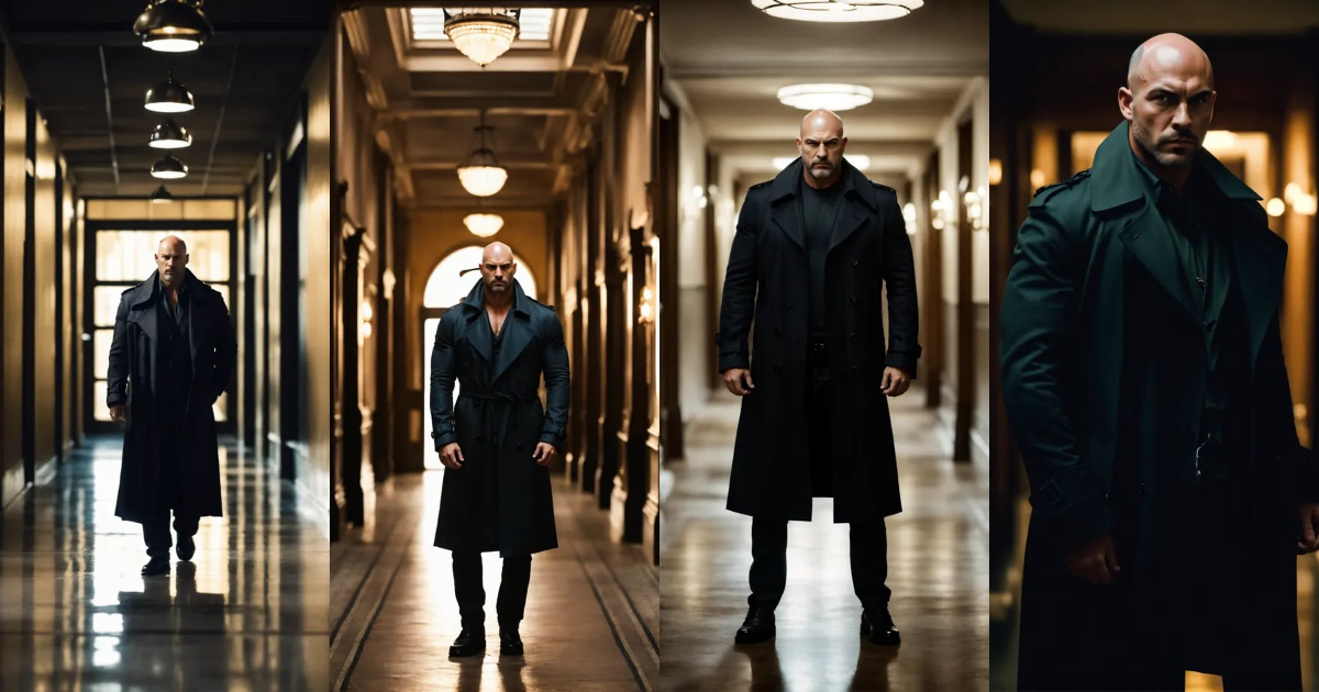 Lexica - A stoic, handsome, intense huge muscular bald man with ...