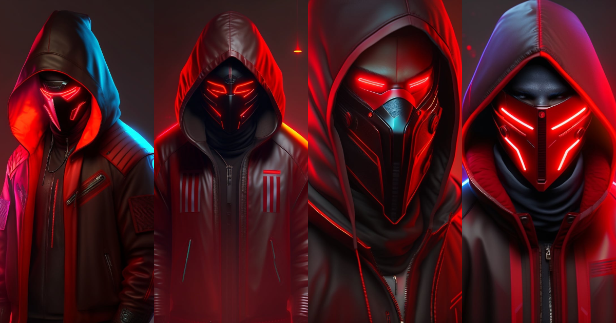 Lexica - Male character, hooded, cyberpunk, red neon, mask, dark, red ...