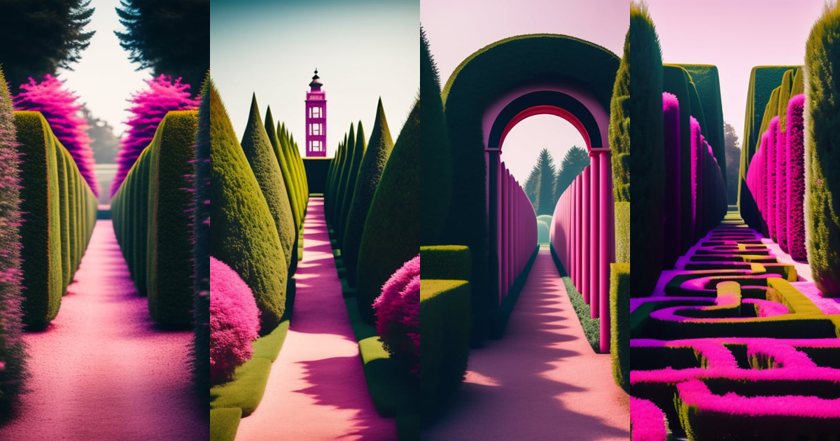 Lexica - Tall hedge maze, pink mist, minimal, vintage, scary