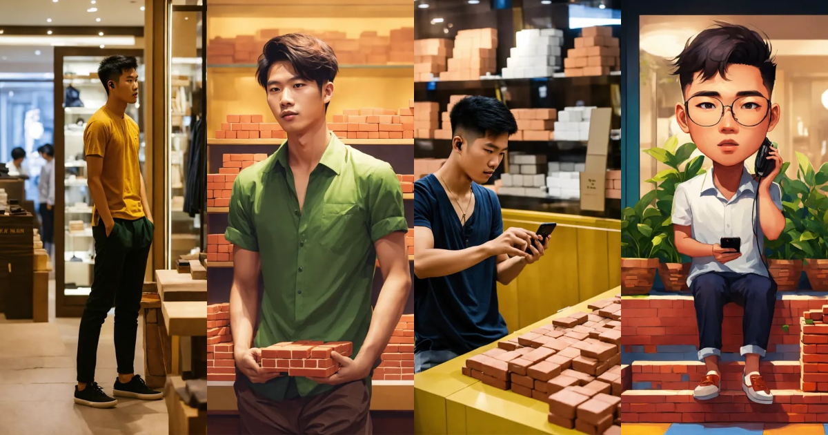 Lexica - A young Vietnamese man, a slightly skinny man selling bricks ...
