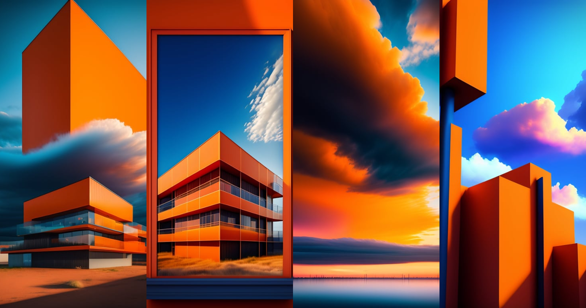 Lexica - Orange architecture with blue clouds