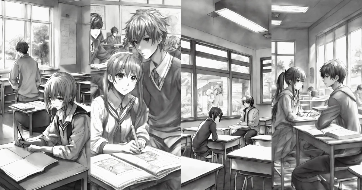 Lexica - Pencil sketch of high school anime girl and boy in a classroom ...