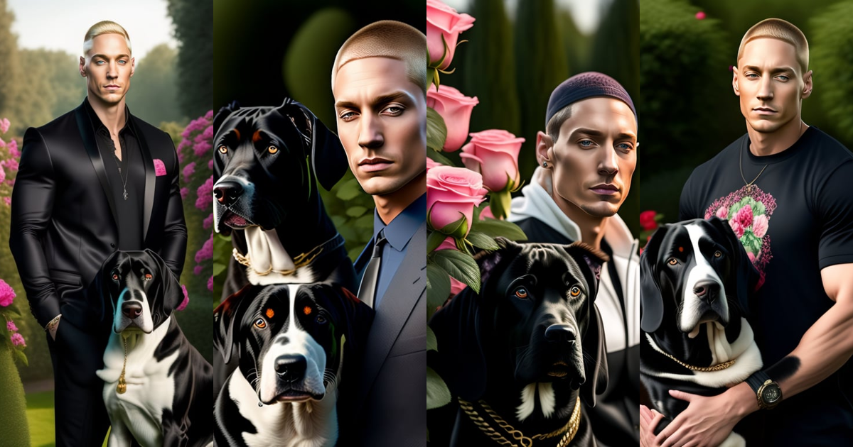 Lexica - Highly realistic photo of Eminem, holding a black Great Dane ...