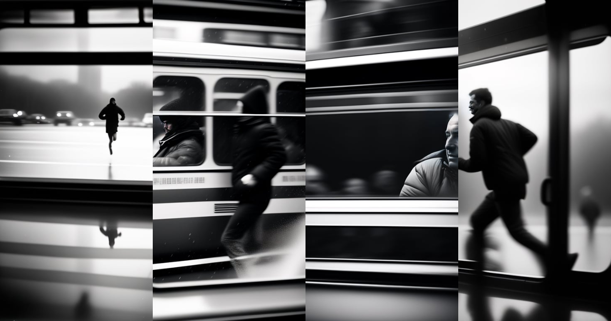 Lexica - View of a running man from inside a dropped bus window, winter ...