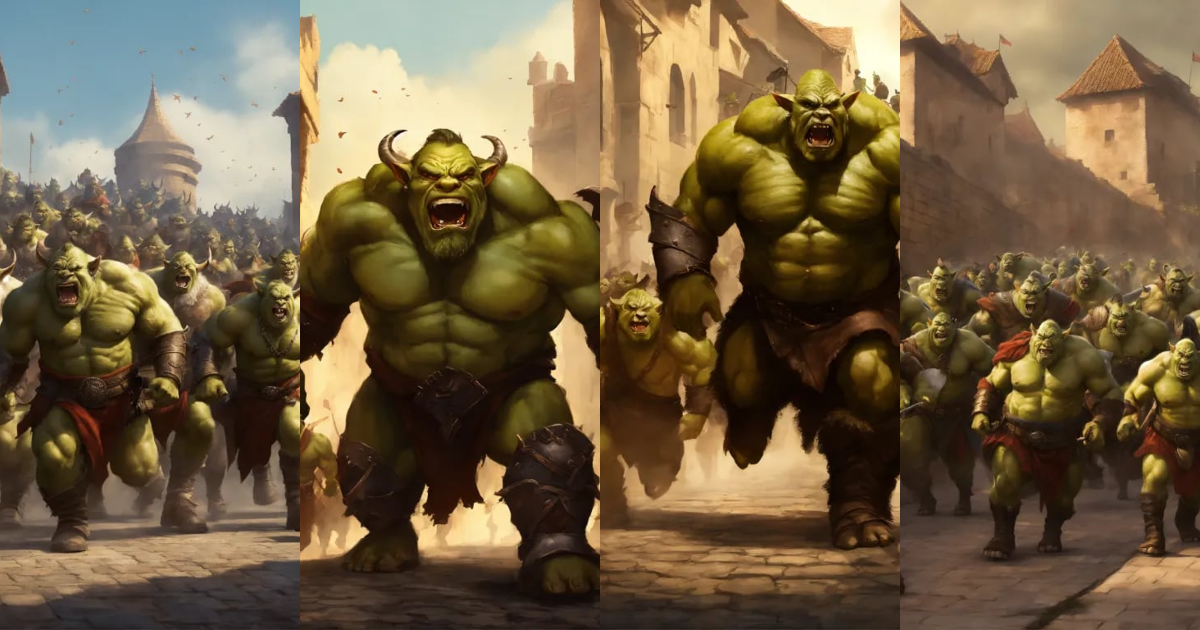 Lexica - Many ogres charging on human city walls, digital painting ...