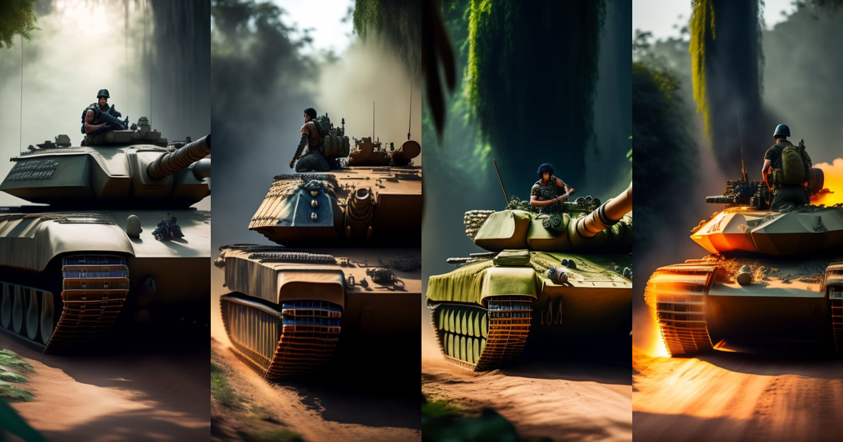 Lexica - Action shot of john rambo on a tank in a jungle, cinematic ...