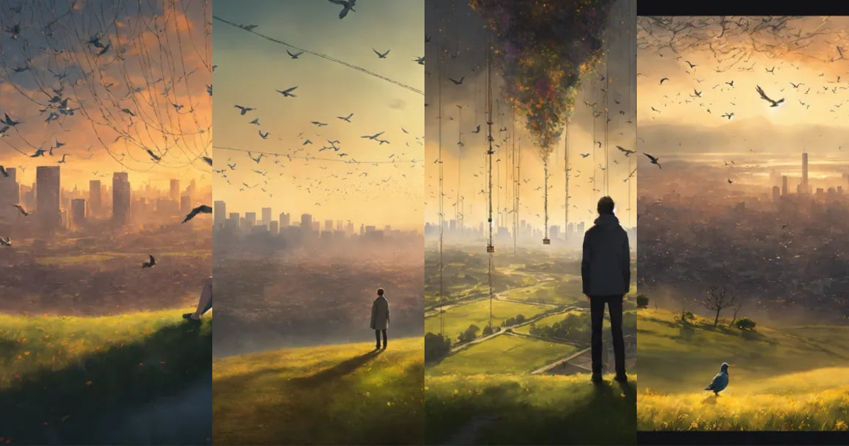 Lexica - Visualize a split scene On one side, a dense, bustling city ...