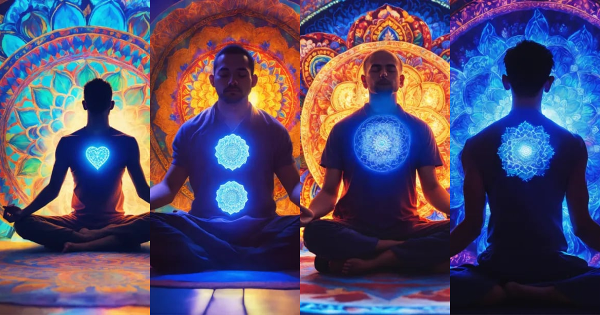 Lexica - Man meditating, has two feet, blue heartlight glowing, photo ...