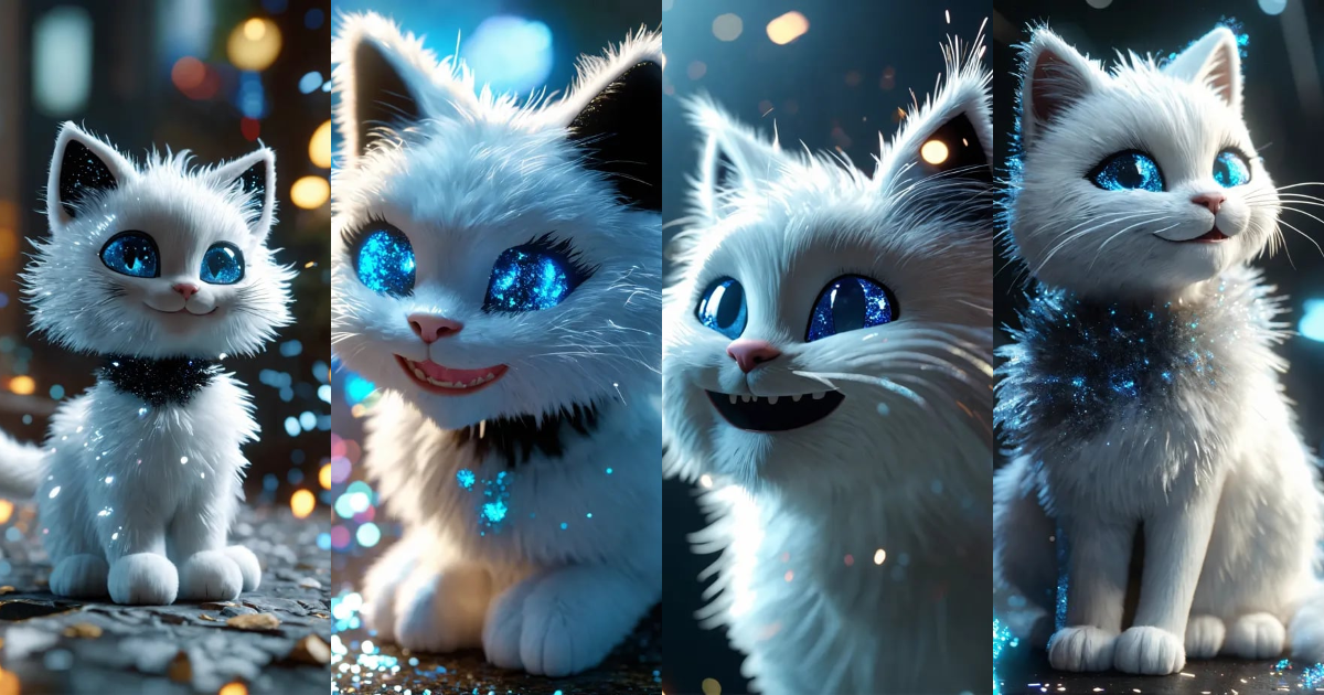 Lexica - , kind fluffy white cat with shiny black hair in glitter and ...